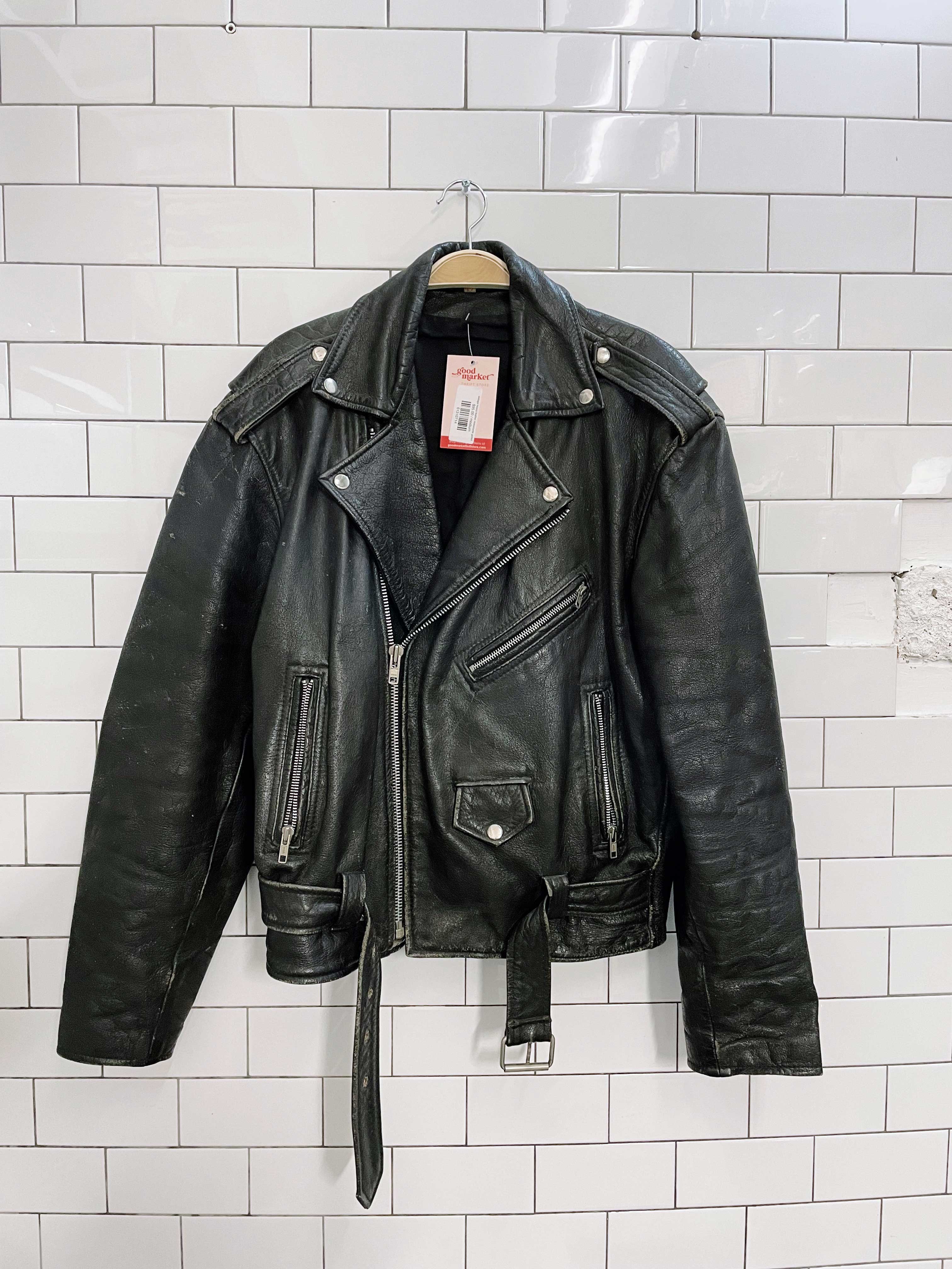 vintage heavy leather motorcycle jacket – good market thrift store