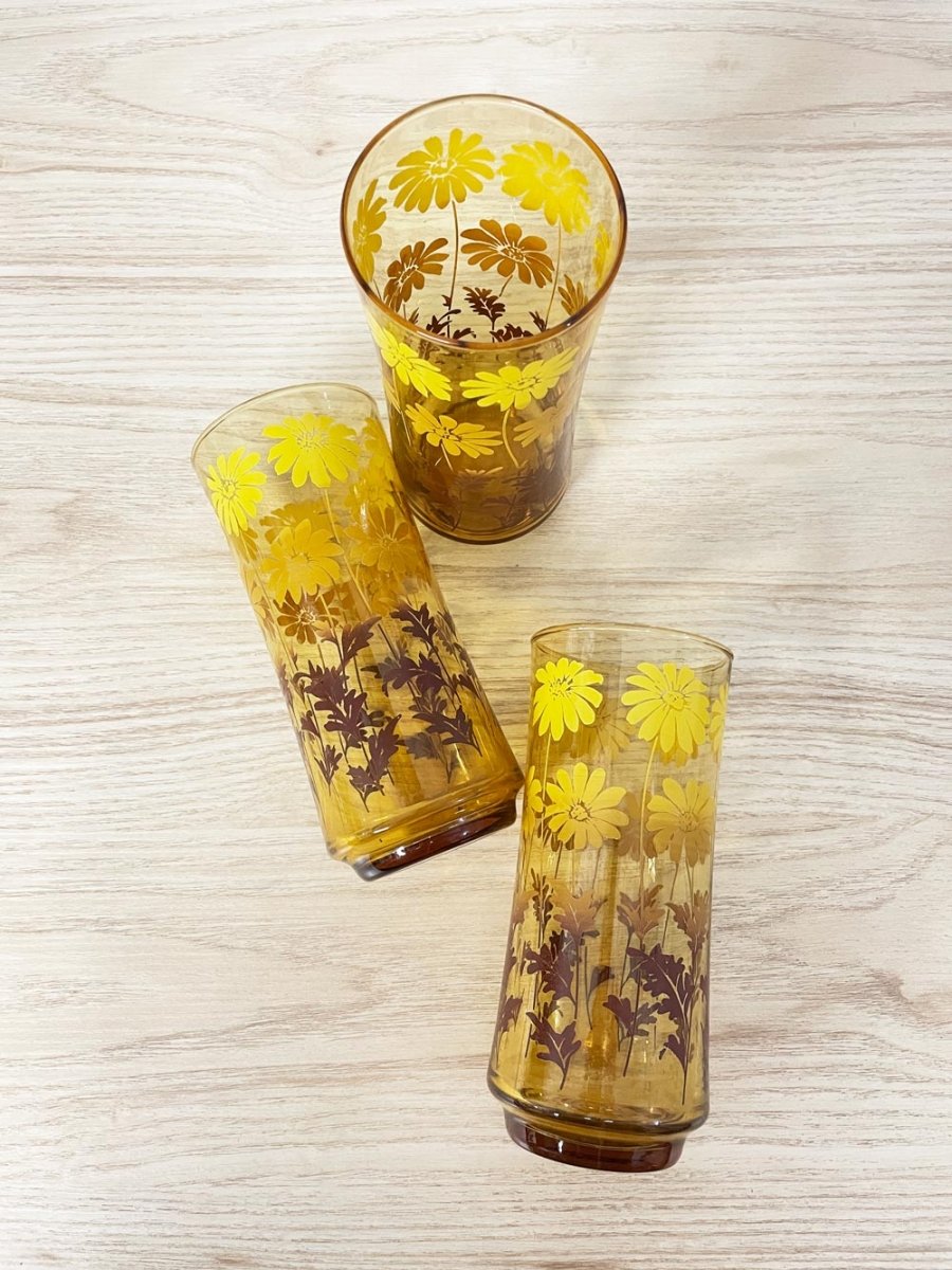 x3 vintage 70s libby amber daisy tumblers – good market thrift store