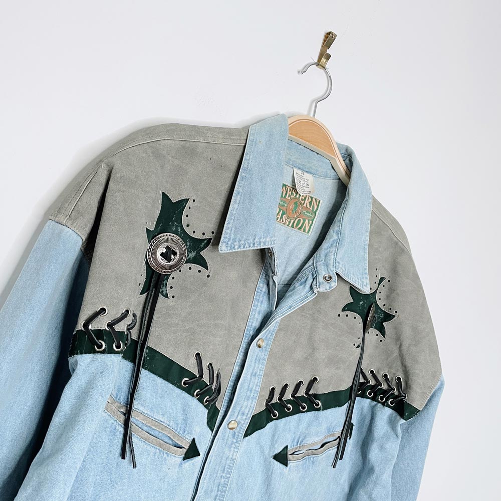 vintage 90s western passion concho + braided trim denim shirt – good ...