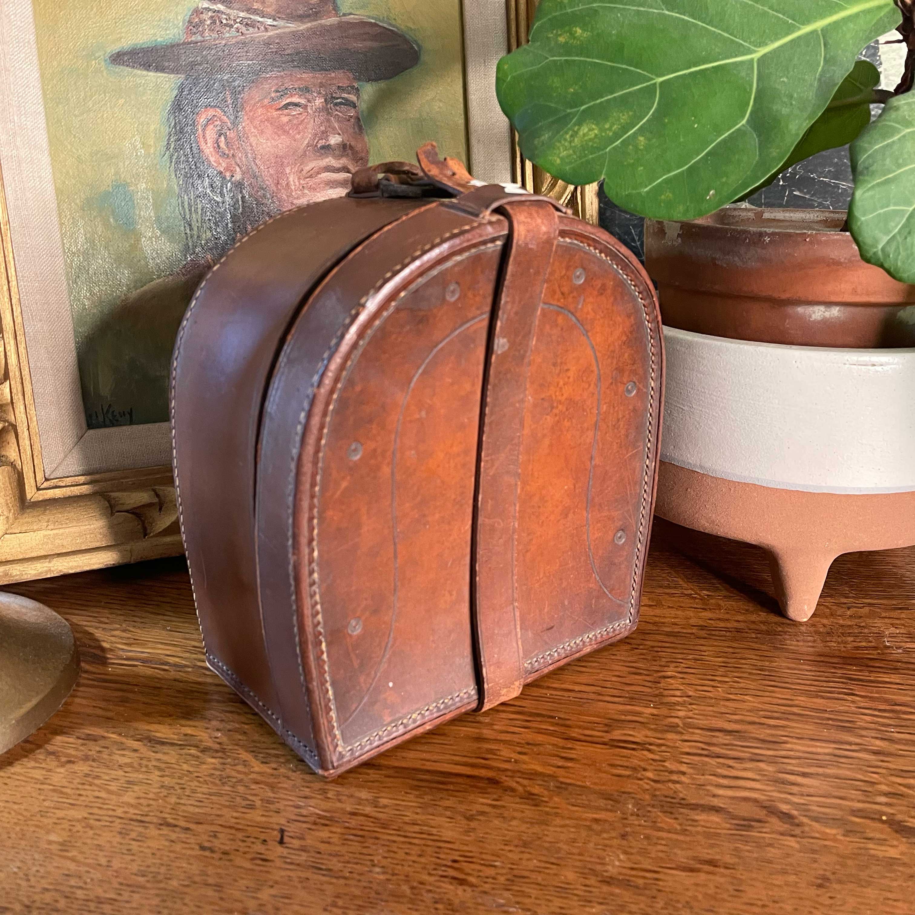 vintage 1900s leather horseshoe collar box – good market thrift store
