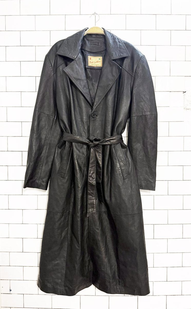 vintage real leather belted leather trench coat – good market thrift store